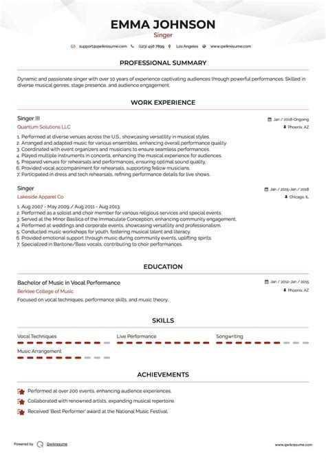 10 Singer Resume Samples And Templates For 2025