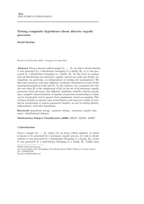 Pdf Testing Statistical Hypotheses About Ergodic Processes
