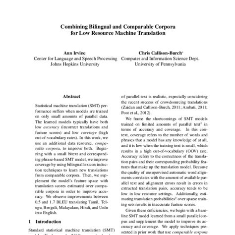 Combining Bilingual And Comparable Corpora For Low Resource Machine Translation Acl Anthology