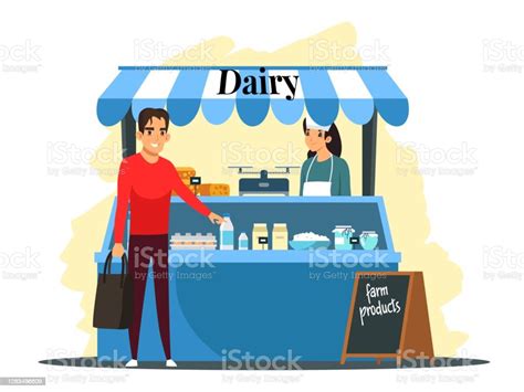 여성 판매자는 거리 상점에서 신선한 건강한 유기농 우유와 일기 제품을 판매합니다 계절야외 농산물 현지 시장 소매 사업 중소기업 민간 기업의 벡터 개념 농산물 직판장에 대한