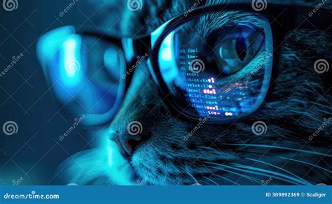 Face Of Cat Hacker Working In Dark Room Close Up Computer Code