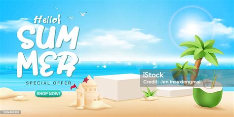 코코넛 과일 신선한 비치 파라솔 여름 휴가 코코넛 나무 모래 더미 섬 해변 배경 및 푸른 하늘과 바다 햇빛 벡터 일러스트 레이 션 3차원 형태에 대한 스톡 벡터 아트 및