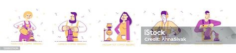 커피 컨셉을 만드는 방법 남성과 여성 바텐더 요리 에어 프레스 진공 프랑스 언론 양조 커피 메뉴 포스터 배너 전단지 브로셔 만화