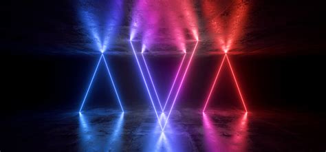 미래 삼각형 네온 조명 레이저 보라색 파란색 빛나는 현대 복고풍 공상 과학 소설 우아한 우주선 클럽 밤 어두운 차고 지하 그런지 콘크리트 반사 추상 빔 3d 렌더링 0명에