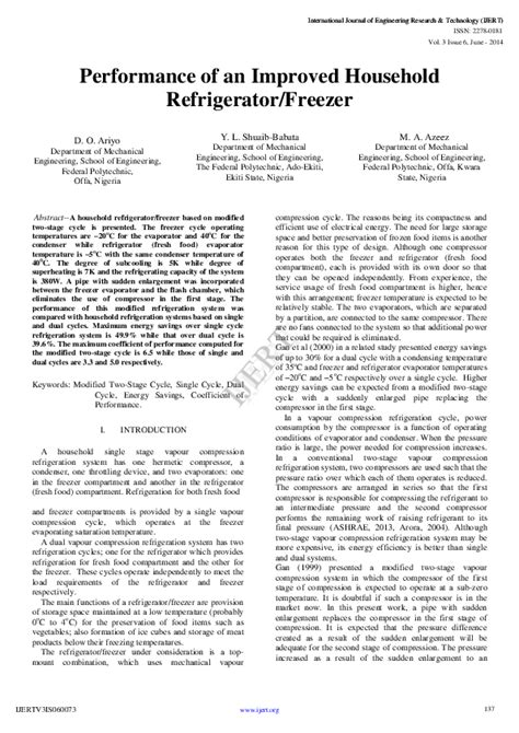 pdf ijert performance of an improved household refrigerator freezer