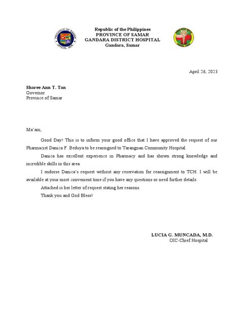 Endorsement Letter For Reassignment Pdf