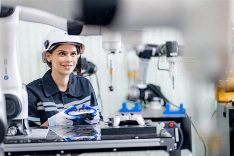 Modern Industrial Technology Female Robotics Engineer Fitting Sensors