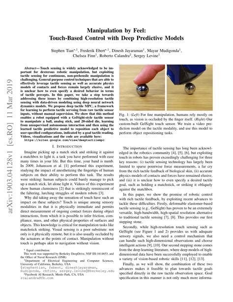 Pdf Manipulation By Feel Touch Based Control With Deep Predictive Models