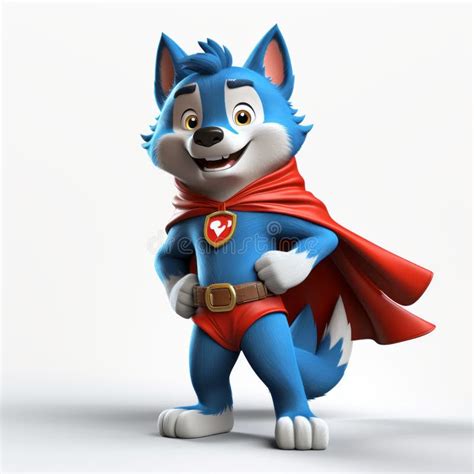 Happy Wolf Cartoon Character Superhero Costume With Red Cape Stock