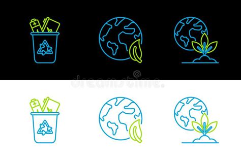 Set Line Earth Globe And Plant Recycle Bin With Recycle Symbol And