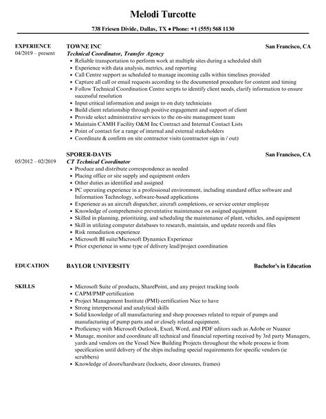 Technical Coordinator Resume Samples Velvet Jobs