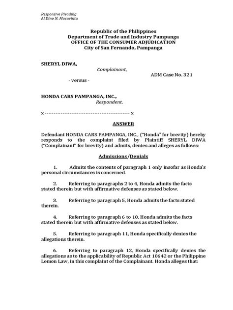 Responsive Pleading Pdf Pleading Plaintiff
