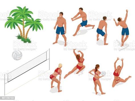 사람들은 배구의 숫자입니다 비치 발리 볼 개념입니다 벡터 아이소메트릭 일러스트 레이 션 배구에 대한 스톡 벡터 아트 및 기타