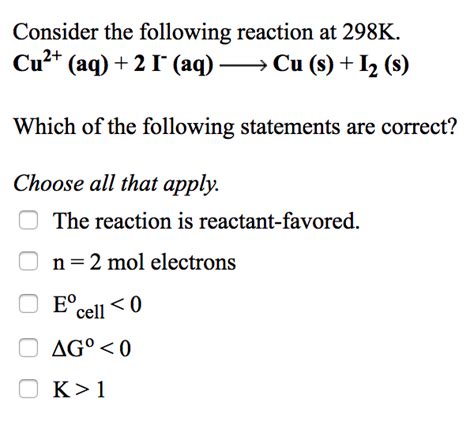 Solved Consider the following reaction at 298K. Cu2+ (aq) 2 | Chegg.com