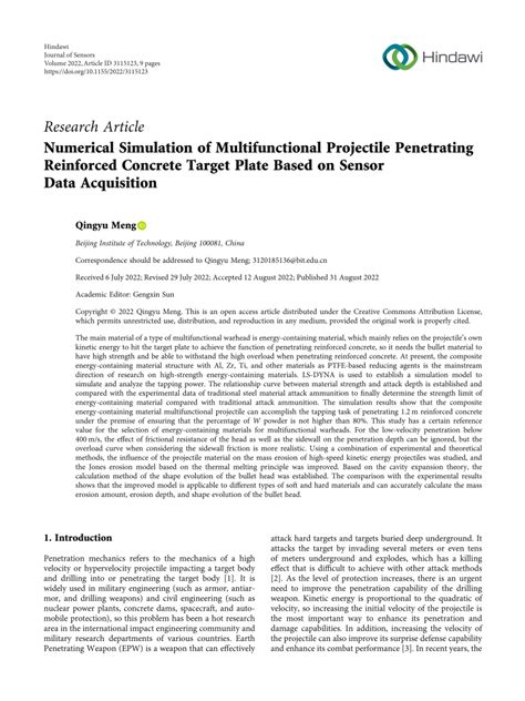 Pdf Numerical Simulation Of Multifunctional Projectile Penetrating