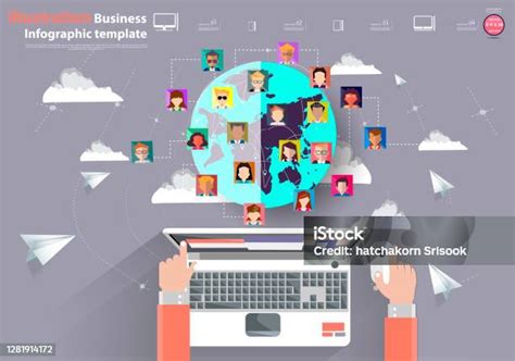 손 비즈니스 연락처 통신 네트워크 기술 클라우드 종이 로켓 접기 지구 아이콘 일러스트 현대 비즈니스 인포그래픽 템플릿 아이디어 및 개념 디자인 가상현실에 대한 스톡 벡터