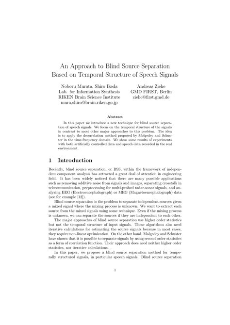 Pdf An Approach To Blind Source Separation Based On Temporal Structure Of Speech Signals