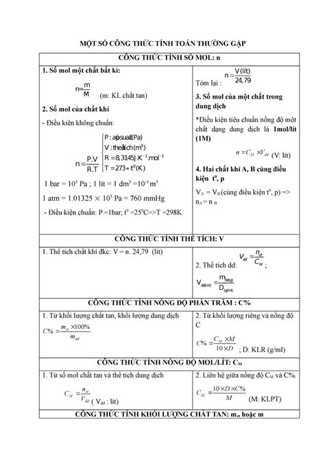 LÀM QUEN DANH PHÁP HÓA HỌC 10 - MỘT SỐ CÔNG THỨC TÍNH TOÁN THƯỜNG GẶP **CÔNG THỨC TÍNH SỐ MOL: n ...