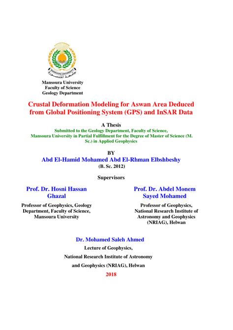 Pdf Crustal Deformation Modeling For Aswan Area Deduced From Global Positioning System Gps