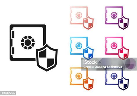 흰색 배경에 분리된 방패 아이콘이 있는 검은색 금고 보험 개념입니다 보안 안전 보호 보호 개념 아이콘을 화려하게 설정합니다 벡터 강철에 대한 스톡 벡터 아트 및 기타 이미지