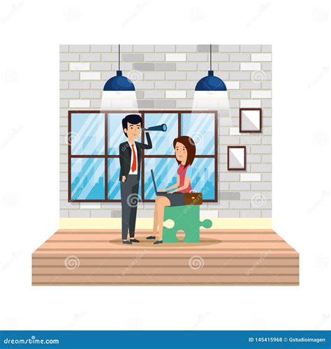 Couple Sitting In Puzzle Piece With Laptop And Telescope Stock Illustration Illustration Of
