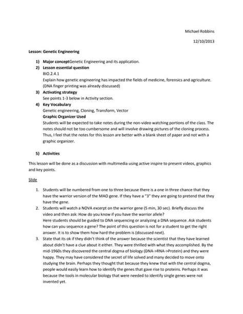 Lesson Plan For Genetic Engineering Docx