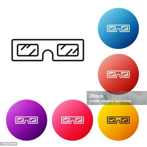 흰색 배경에 격리 된 검은 선 3d 시네마 안경 아이콘입니다 아이콘 다채로운 원 버튼을 설정합니다 벡터 일러스트레이션 3차원 형태에 대한 스톡 벡터 아트 및 기타 이미지