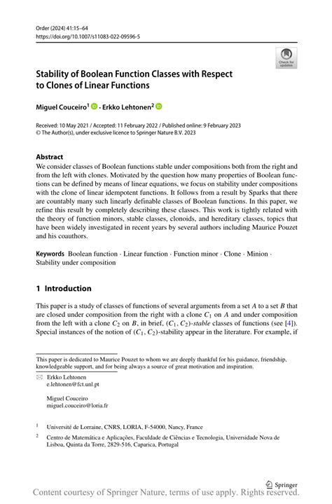 Stability Of Boolean Function Classes With Respect To Clones Of Linear Stability Of Boolean Function Classes With Respect To Clones Of Linear