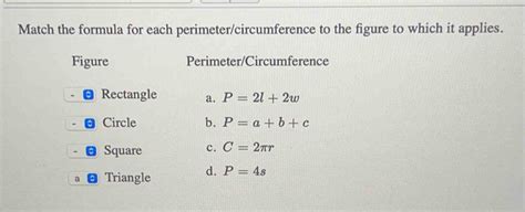Solved Match The Formula For Each Perimeter Circumference To The Figure To Which It Applies