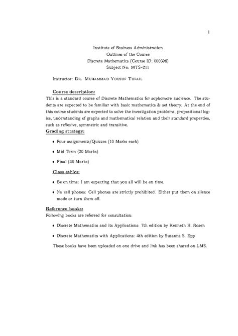 Course Outline Discrete Mathematics 1 Institute Of Business Administration Outlines Of The