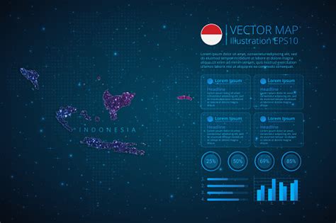 다이어그램 그래프 프리젠테이션 및 차트에 대한 인도네시아 지도 인포그래픽 템플릿은 파란색 배경에 추상적인 기하학적 메쉬 다각형 조명 개념이 있다 0명에 대한 스톡 벡터 아트