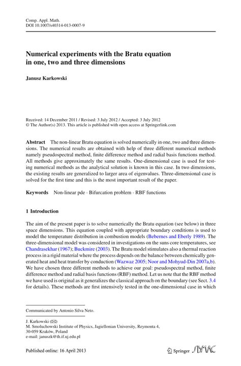 Pdf Numerical Experiments With The Bratu Equation In One Two And