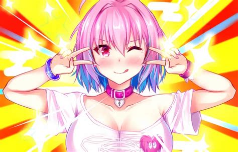 Wallpaper Girl Cleavage Pink Hair Boobs Anime Beautiful Short