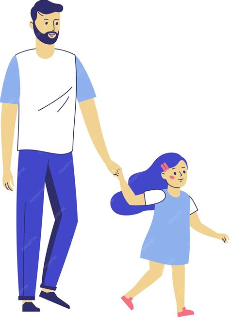 남자 아버지와 여자 아이 손을 잡고 걷는 가족 산책 프리미엄 벡터