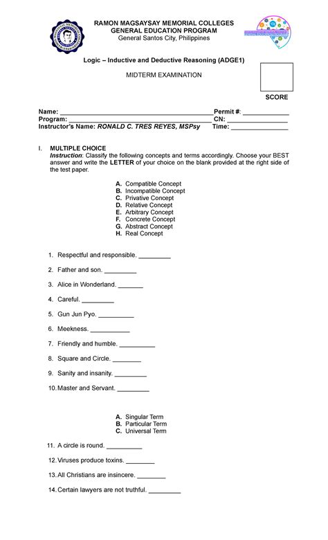 logic midterm exam 1st tos ramon magsaysay memorial colleges