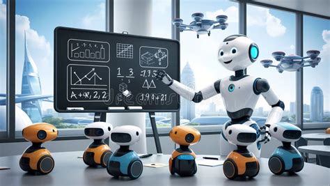 Futuristic Classroom Scene Robot Teaching Smaller Robots In Advanced