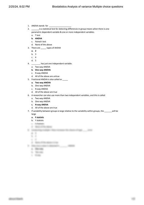 solution biostatistics analysis of variance multiple choice questions