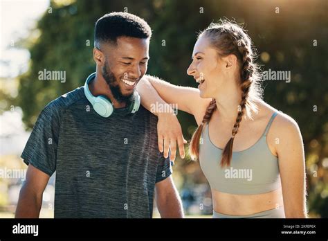 Fitness Laugh And Fun With A Diversity Couple Outdoor For Exercise