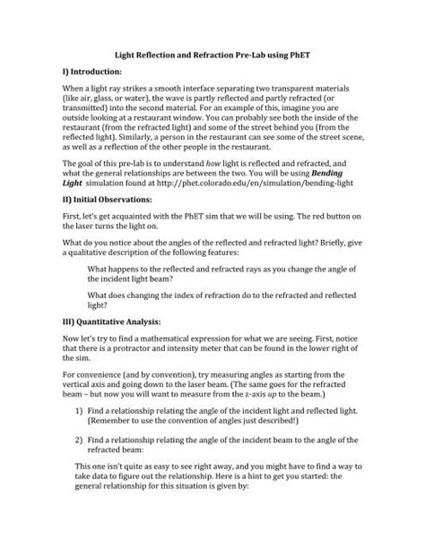 Light Reflection And Refraction Lab Pdf Phet