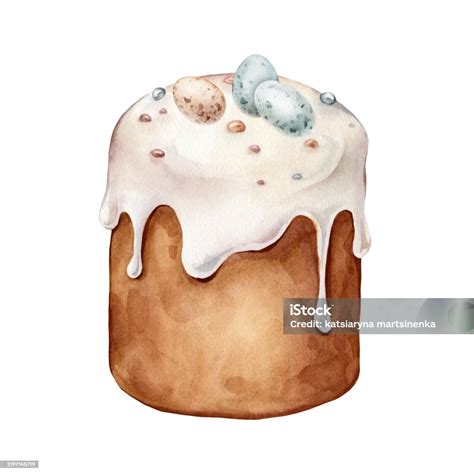 부활절 케이크와 그려진 메추리알을 사용한 수채화 구성 부활절 휴일 일러스트 손으로 그린 벽 인사말 카드 초대장 해피 홀리데이 포스터를 위한 고립된 배경에 스케치 공예에 대한