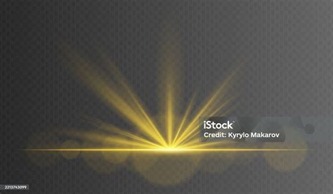 따뜻한 황금빛 방사형 빛이 부드러운 입자와 함께 터집니다 시네마틱 오프닝 일몰 효과 또는 마법 같은 인트로에 적합한 지상 조명 구름이 짙게 낀 하늘에 대한 스톡 벡터 아트