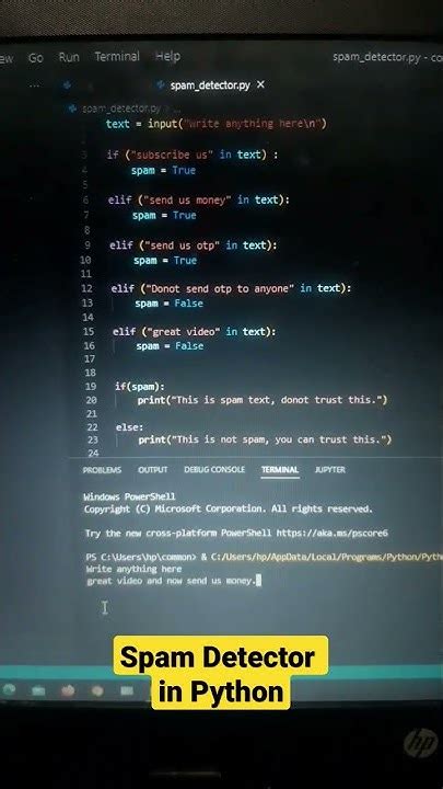 Spam Detector In Python Python For Beginners Shorts Python Progrcoding Java Youtube