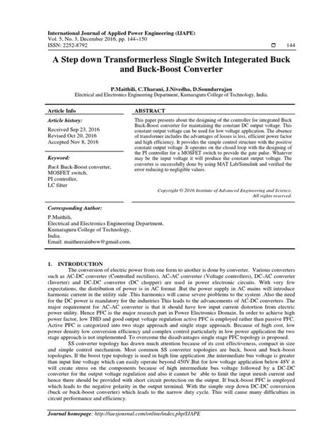 A Step Down Transformerless Single Switch Integerated Buck And Buck Boost Converter Pdf