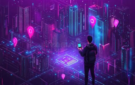 Futuristic Isometric Cityscape Highlighting Location Markers And Urban Mapping Technology Stock