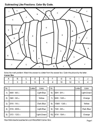 Subtracting Like Fractions Fall Coloring Pages Color By Code