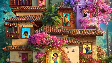 Encanto Animated Movie House With Rainbow Colored Flowers And Mirabel