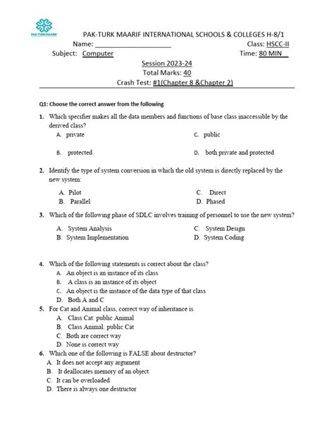Crash Test 1 2nd Year Comp 2024 Pdf Class Computer Programming