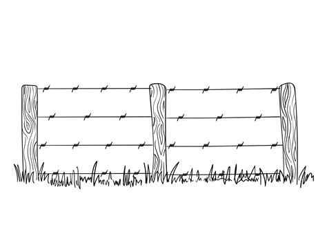 Wooden Posts With Barbed Wire Hand Drawn Simple Vector Outline Rural Farm Fence Field Fencing