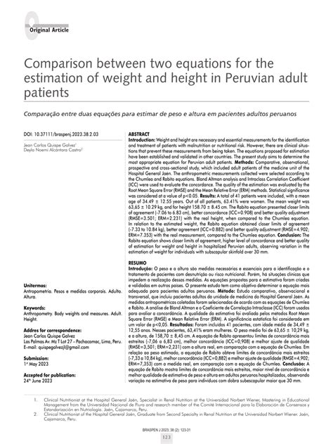 Pdf Comparsion Of Equations For Estimation Of Weight And Height In
