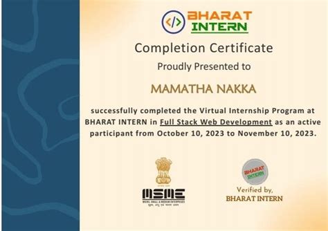 finished web development internship at bharatintern mamatha nakka